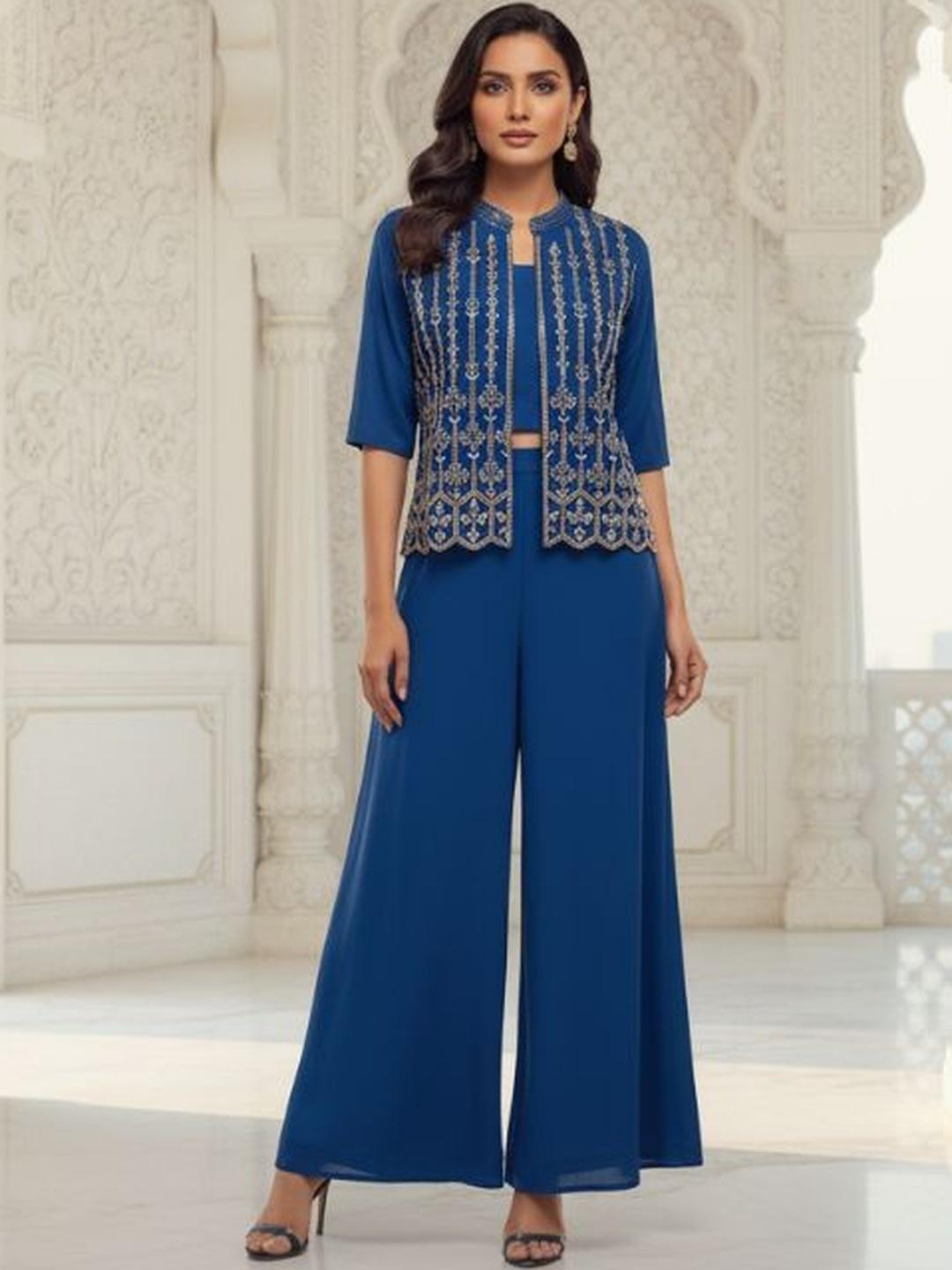 Buy MARC LOUIS Embroidered Round Neck Top With Palazzos Co Ords - Co ...
