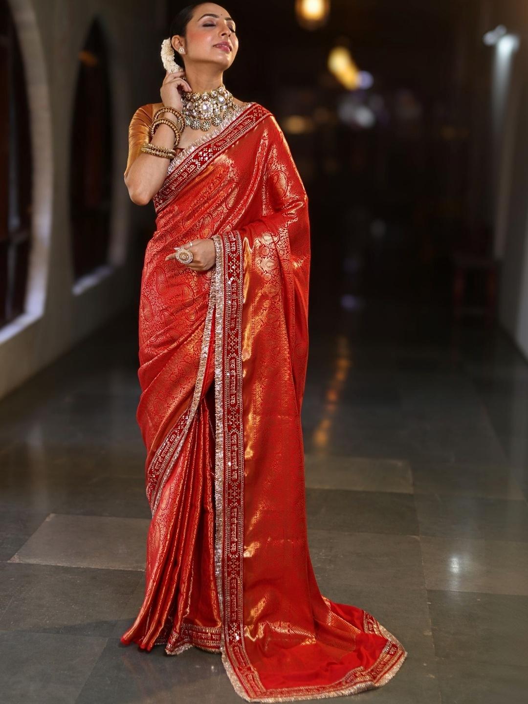 Buy Banarasee Woven Design Beads And Stones Art Silk Banarasi Saree ...