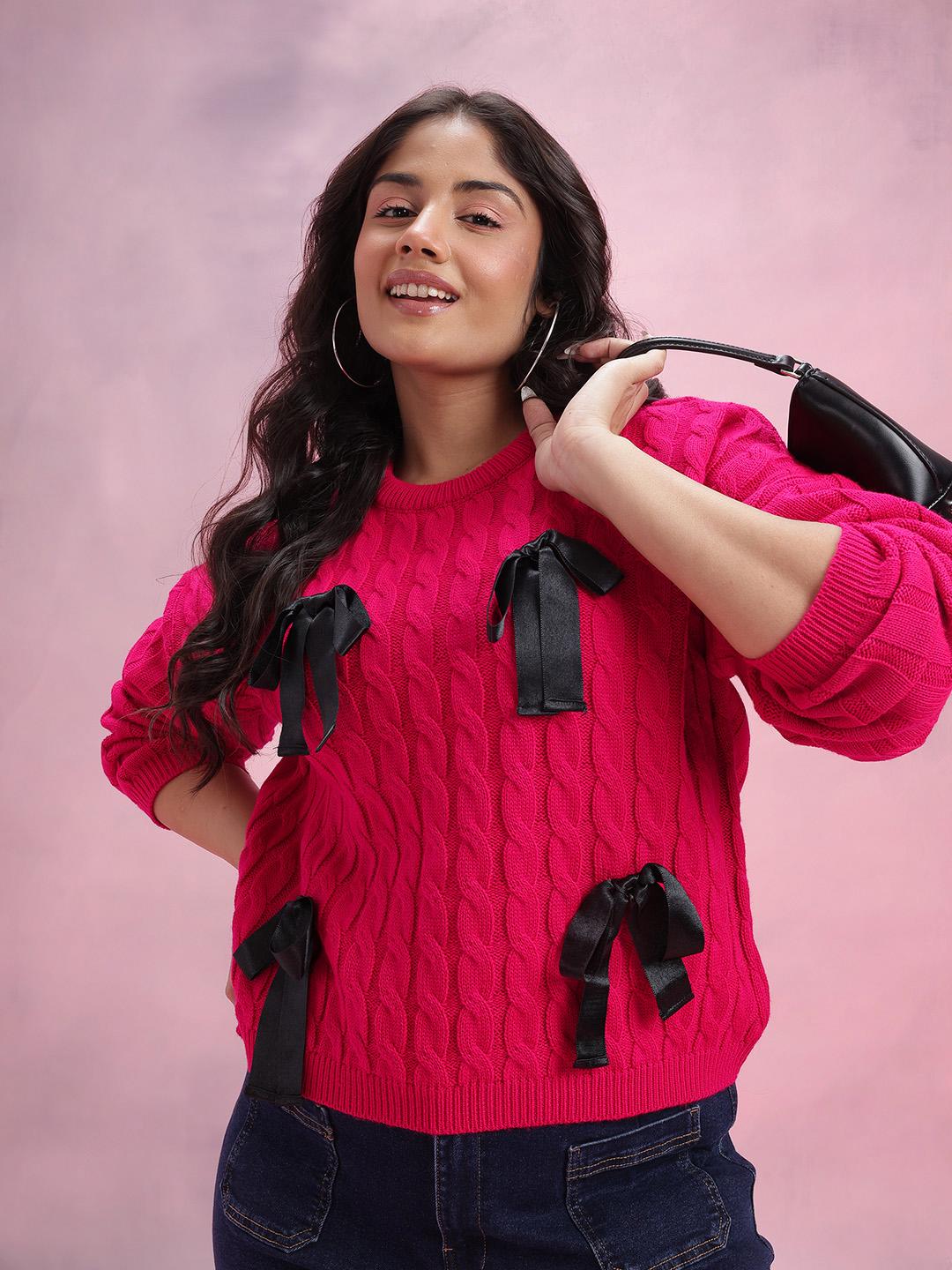 Buy DressBerry Curve Cable Knit Applique Detail Round Neck Pullover ...