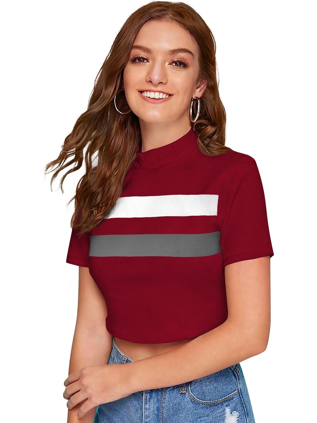 Buy SZN Maroon Colourblocked Crop Top With High Neck - Tops for Women ...