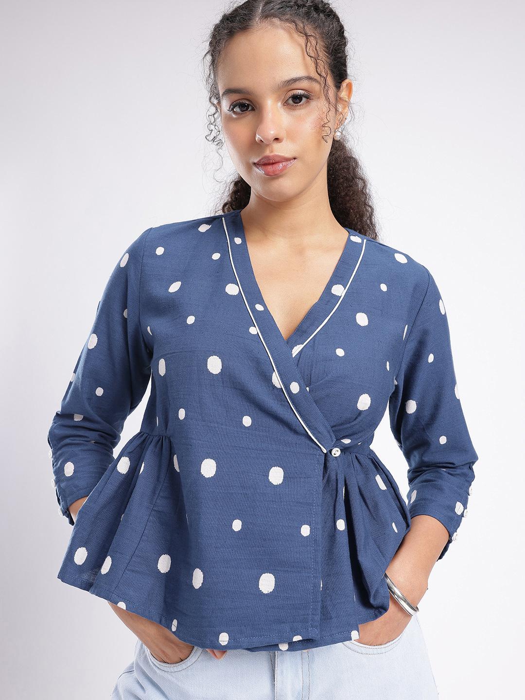 Buy Fusion By Glitchez Polka Dotted Cotton Linen A Line Top - Tops for ...