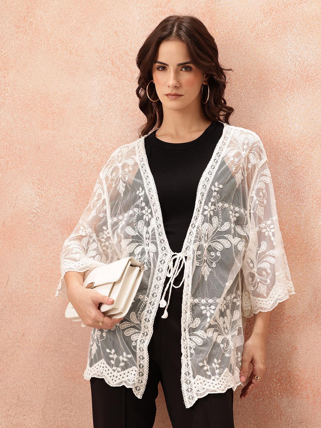 Buy All About You Floral Self Design Flared Sleeves Tie Up Net Shrug ...
