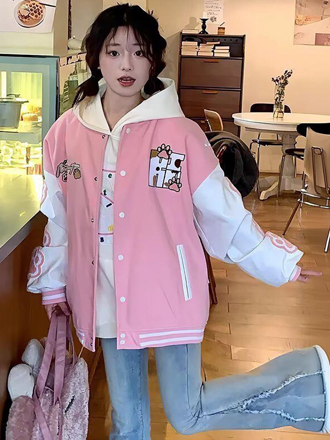 Buy JC Mode Women Colourblocked Varsity Jacket With Embroidered ...