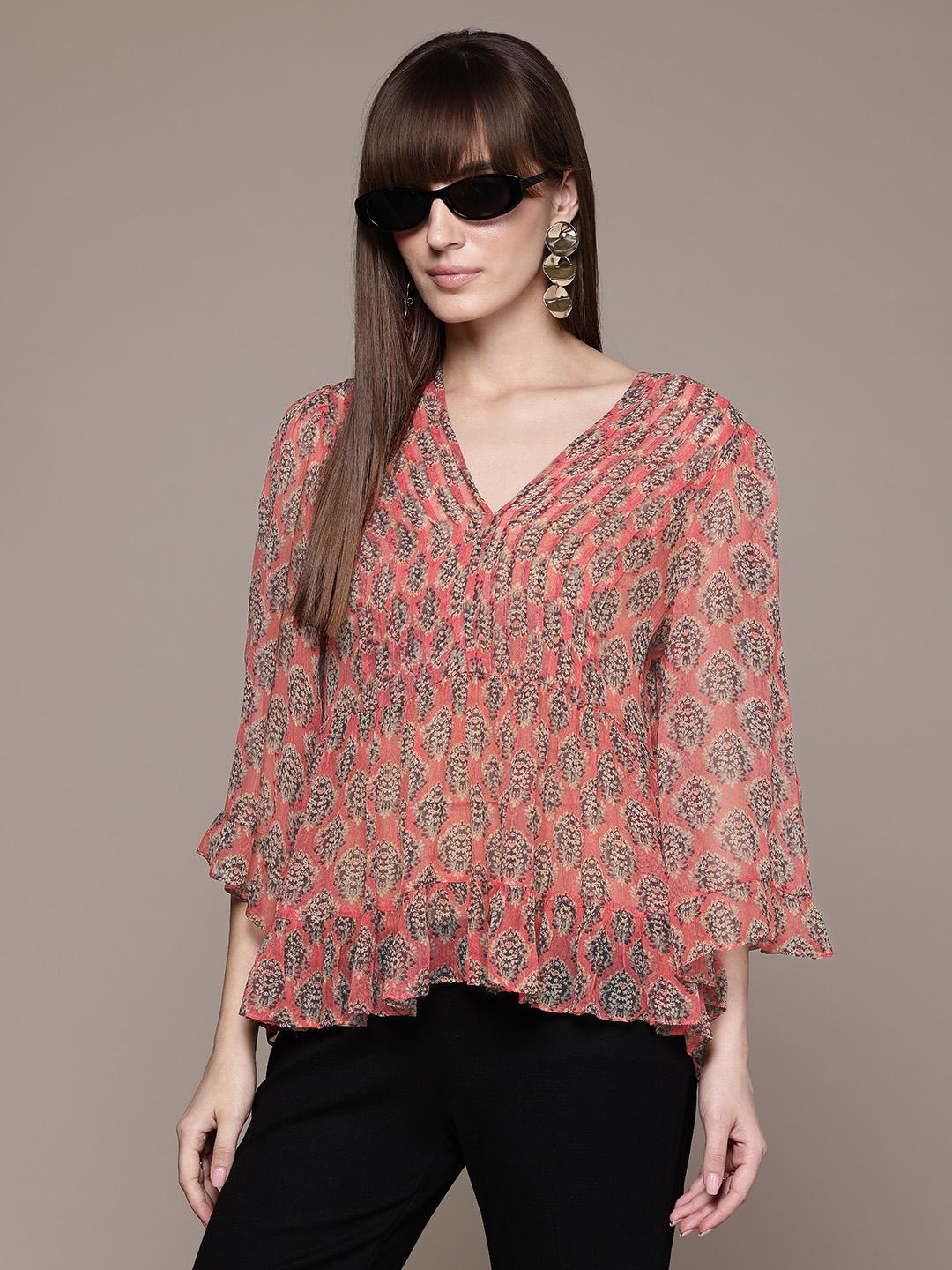 Buy Label Ritu Kumar Floral Print Flared Sleeves Top With Inner - Tops ...