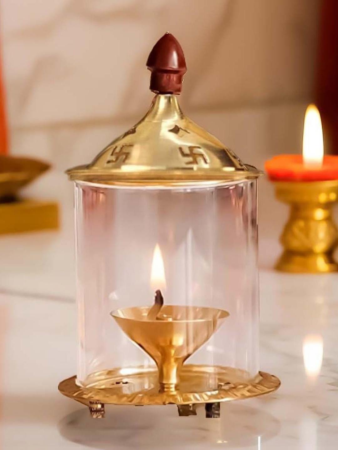 Buy Heaven Decor Traditional Brass And Glass Akhand Deep Diya With ...
