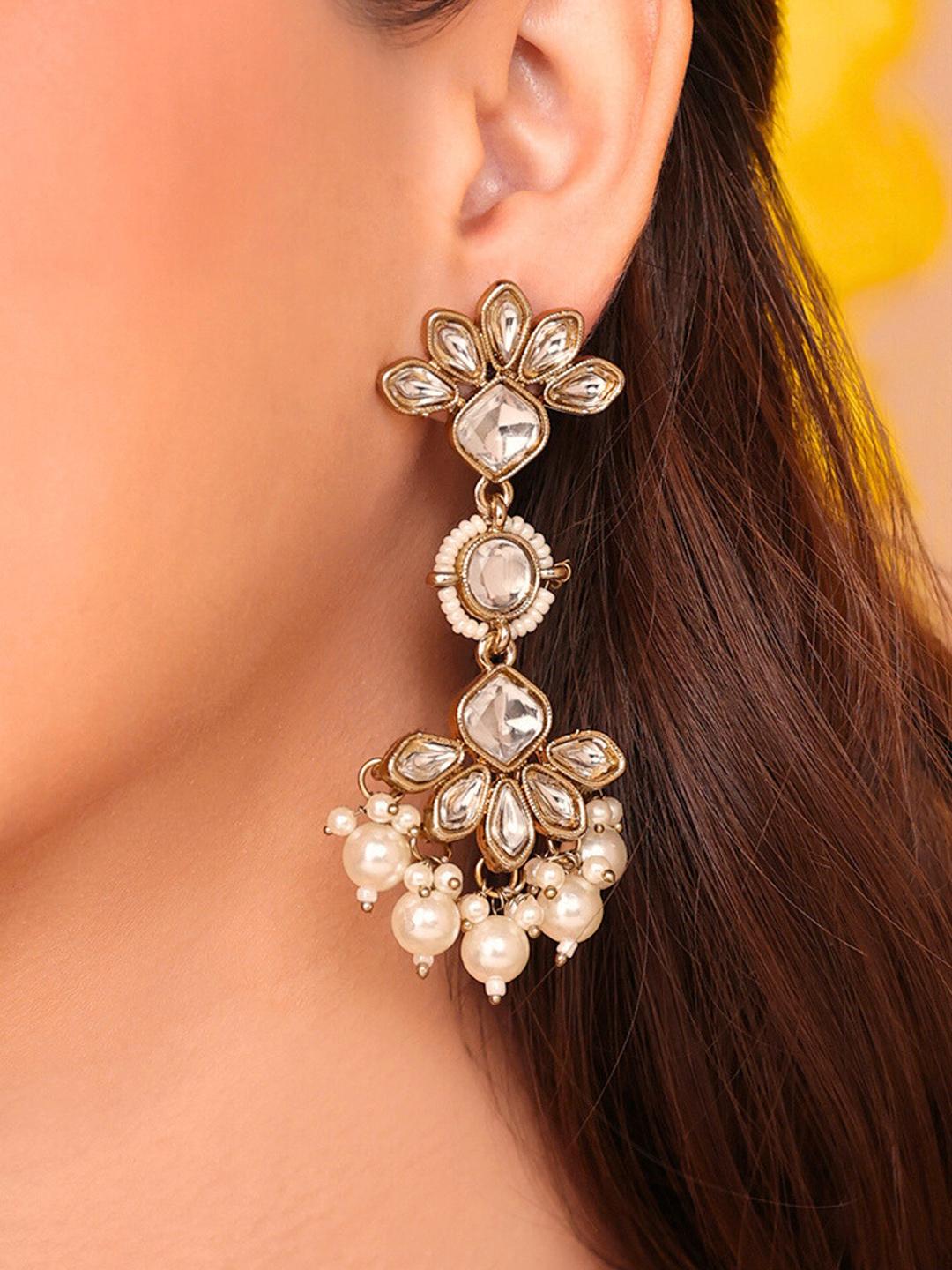 Buy Fida Gold Plated Kundan Studded & Pearls Beaded Floral Shaped Drop ...