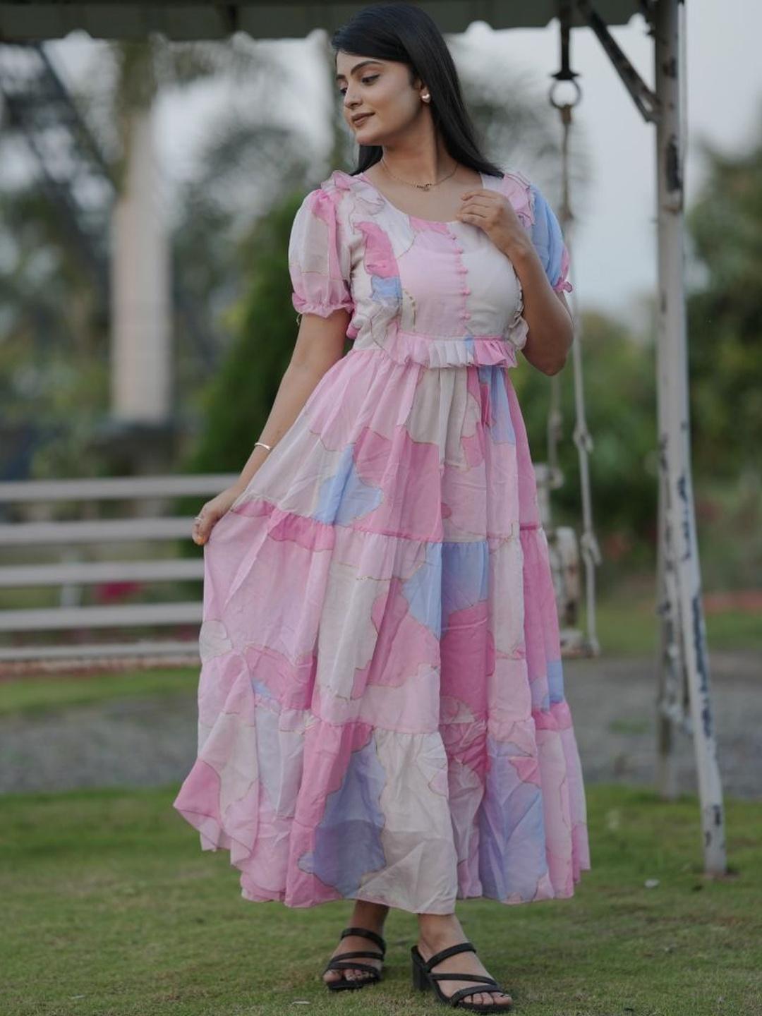 Buy GROMint Print Puff Sleeve Georgette Fit & Flare Midi Dress ...