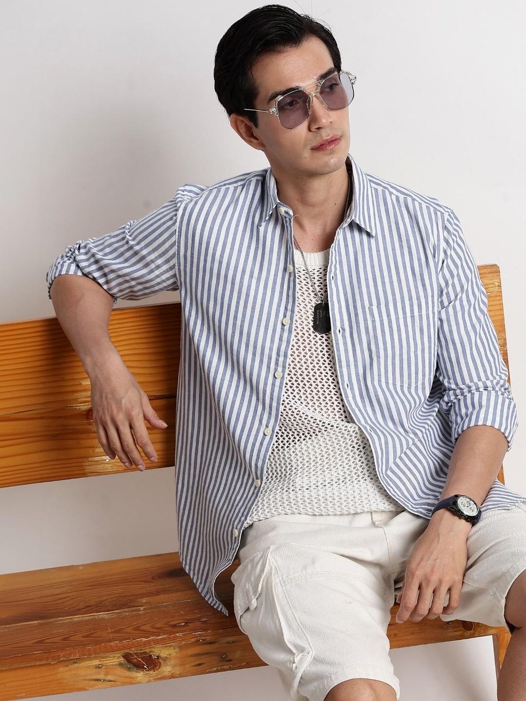 Buy Blu MNKY Men Classic Slim Fit Striped Casual Shirt - Shirts for Men ...