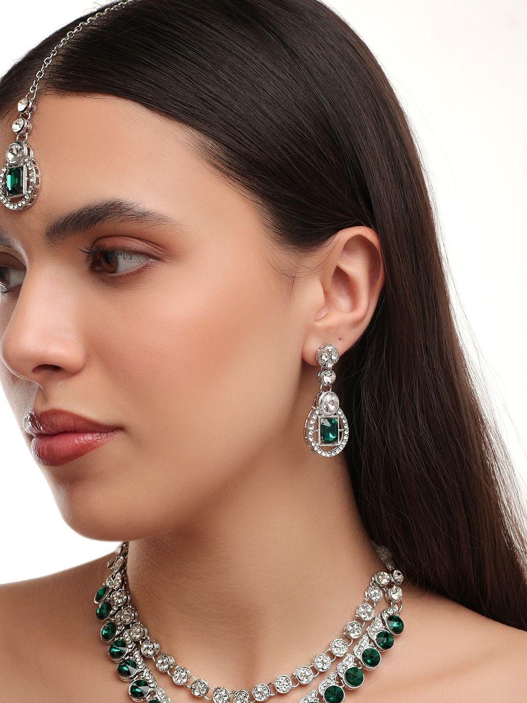 Buy QUEENS NECK Silver Plated Stone Studded Jewellery Set - Jewellery ...