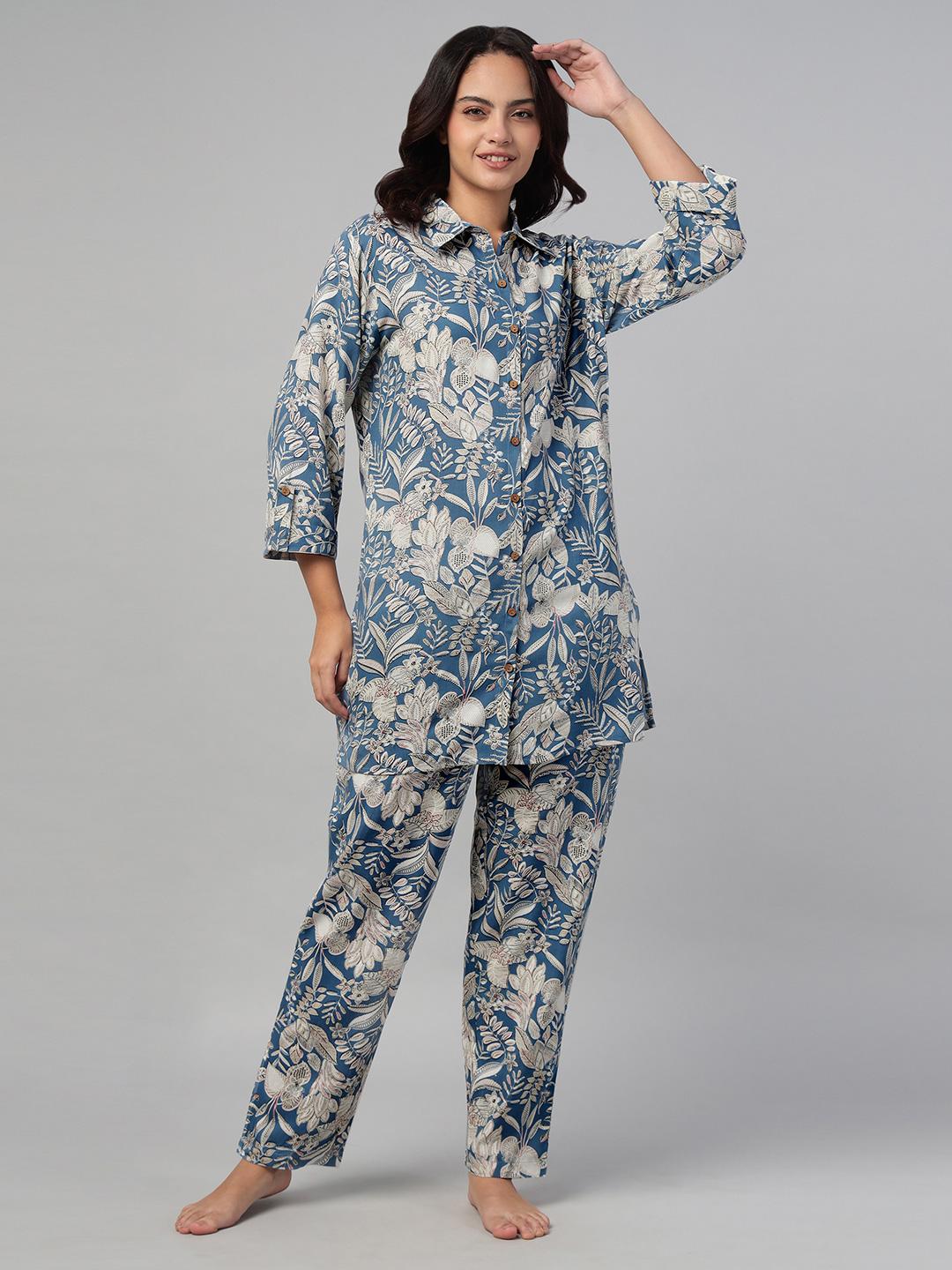 Buy Clovia Women Blue Floral Print Rayon Nightwear Shirt & Pyjamas Set ...