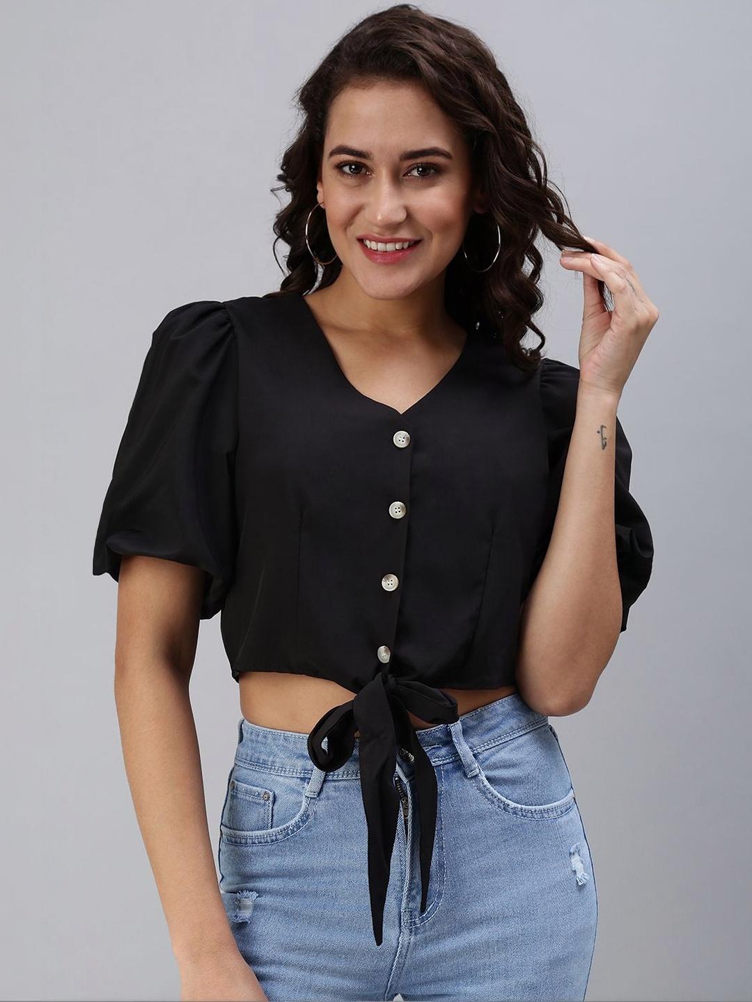 Buy SHOWOFFFF Off Shoulder Puff Sleeve Crepe Boxy Crop Top - Tops for ...