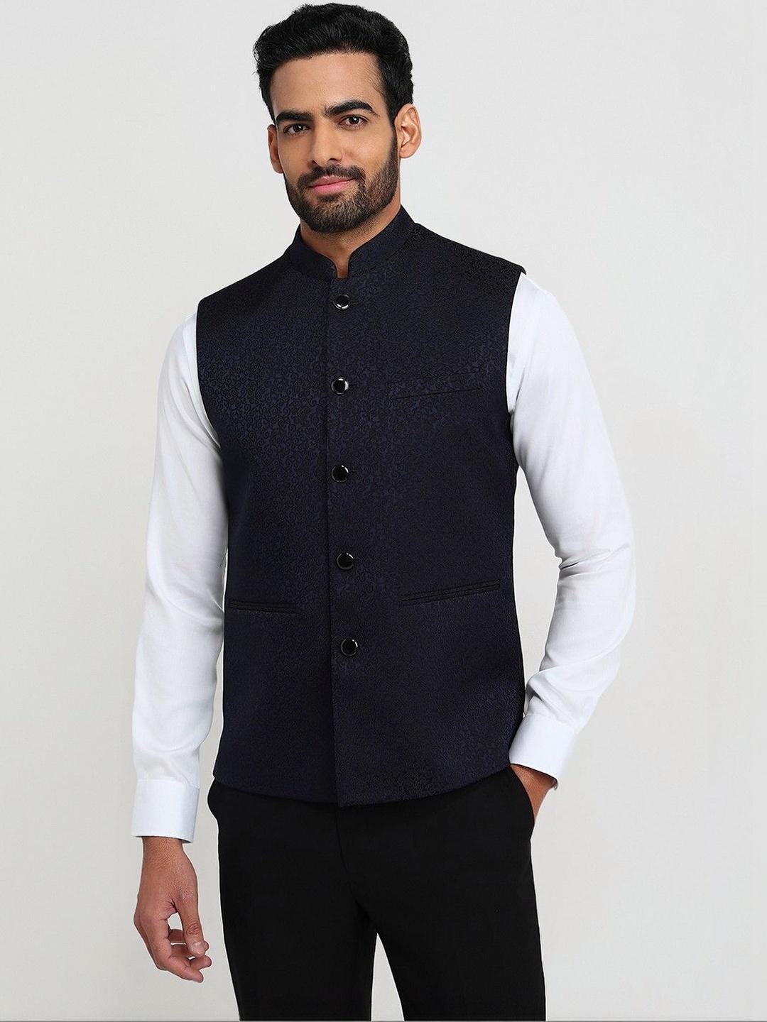Buy Raymond Men Woven Design Mandarin Collar Contemporary Fit Nehru ...
