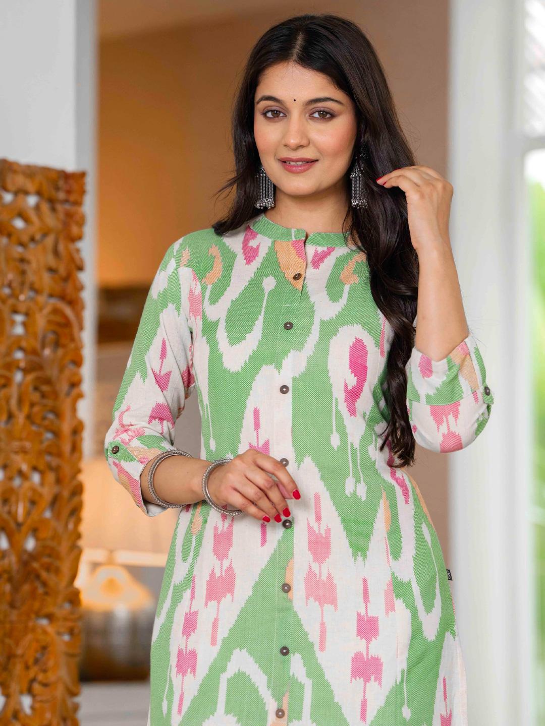 Buy Pistaa Floral Printed Mandarin Collar Pure Cotton Kurta With ...