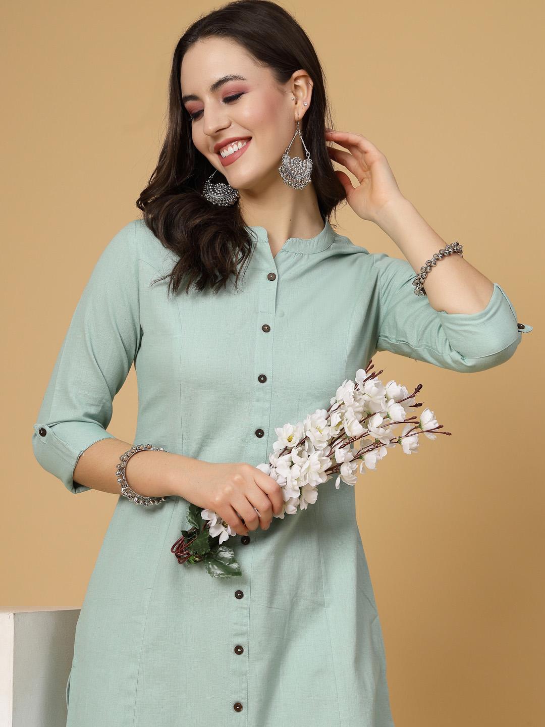 Buy Pistaa Mandarin Collar Panelled Straight Kurta With Palazzos ...