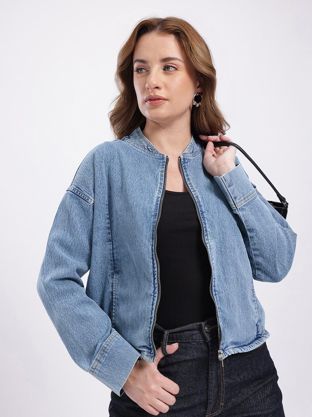 Buy Glitchez Stand Collar Denim Finish Jacket - Jackets for Women ...