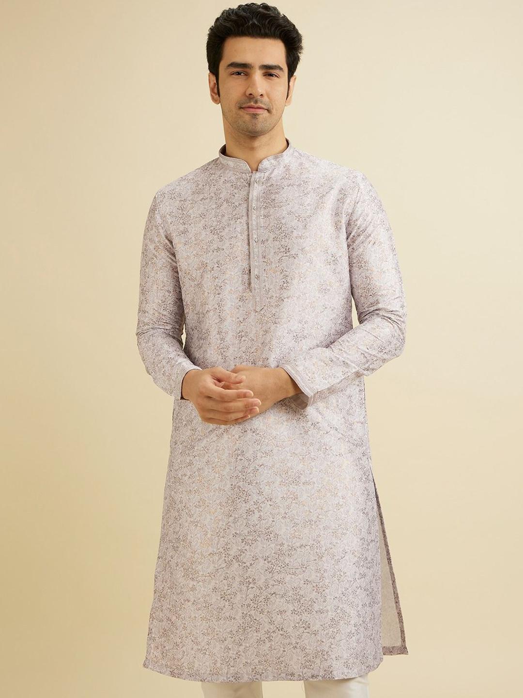 Buy Manyavar Floral Printed Thread Work Mandarin Collar Straight Kurta ...