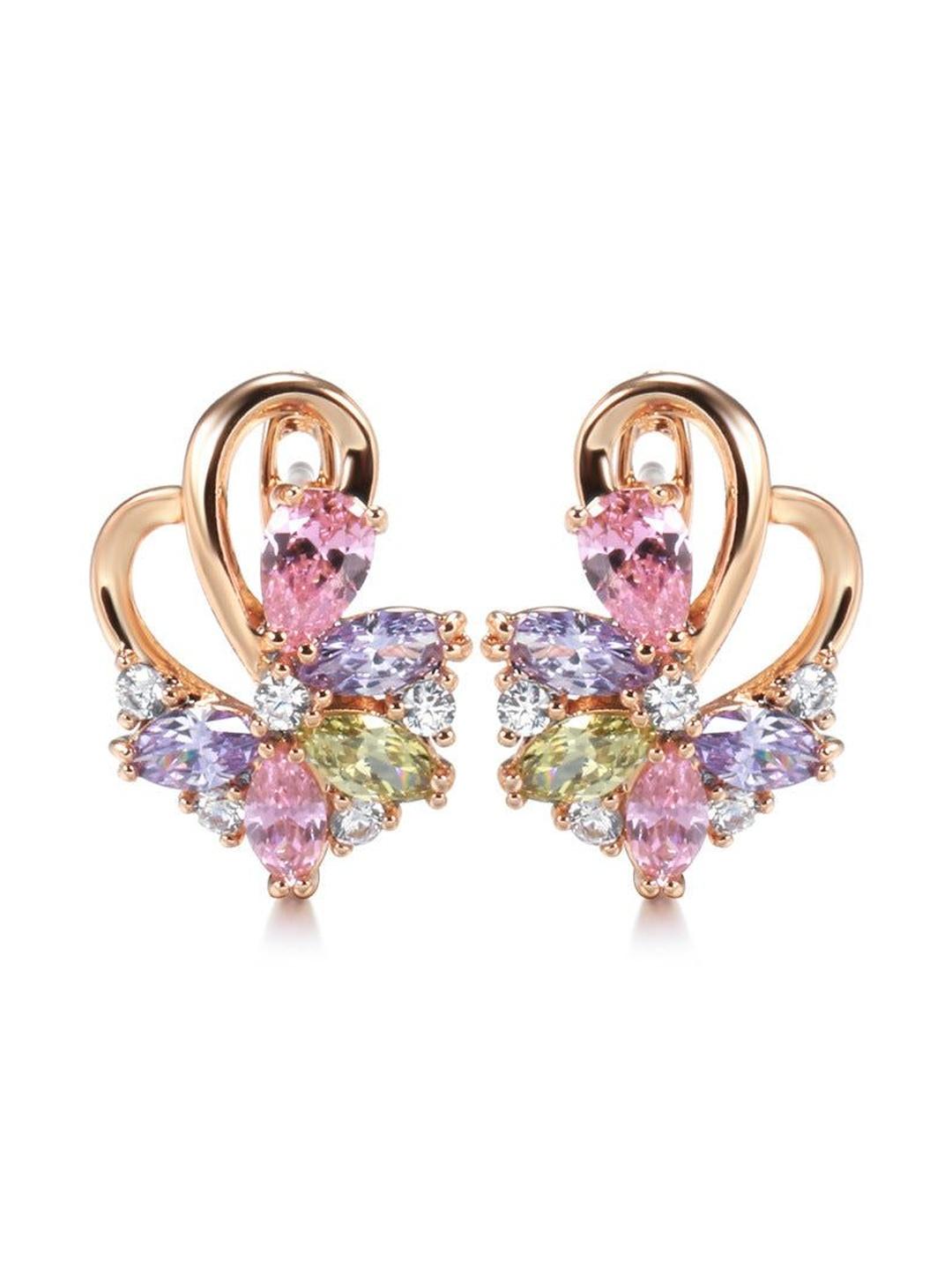Buy QUECY Rose Gold Plated Cubic Zirconia Studded Floral Drop Earrings ...