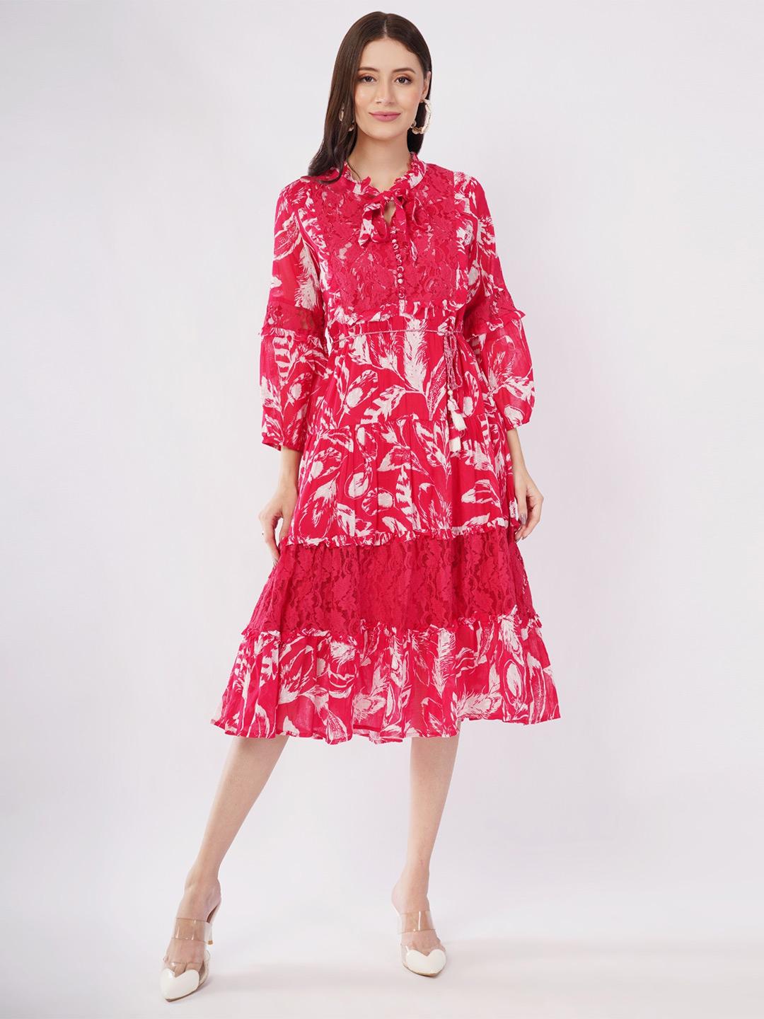 Buy TRUE SISTERS Floral Printed Tie Up Neck Fit & Flare Midi Dress ...