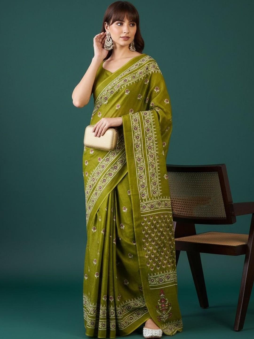 Buy GEN Z TRENDS Floral Embroidered Pure Cotton Block Print Saree ...