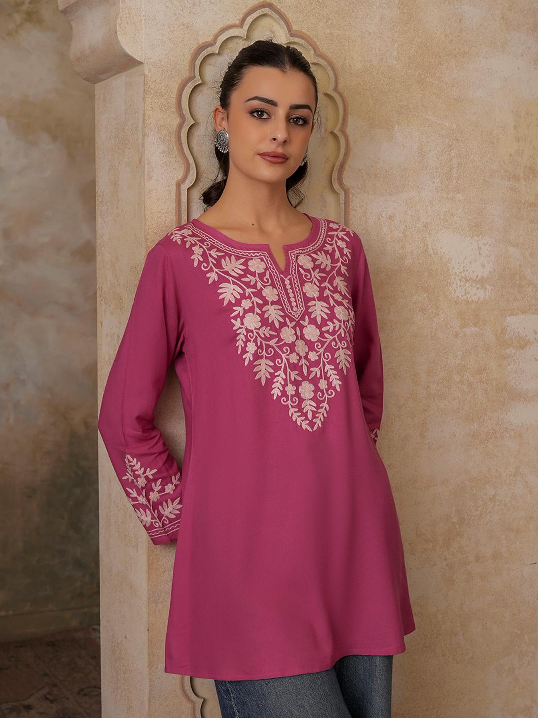 Buy QAZMI Floral Embroidered Thread Work Kurti - Kurtis for Women ...