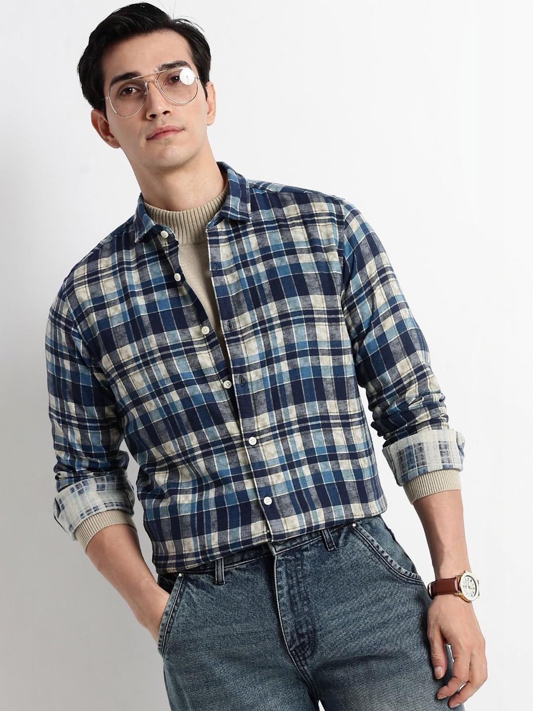 Buy Blu MNKY Men Classic Slim Fit Checked Casual Shirt - Shirts for Men ...