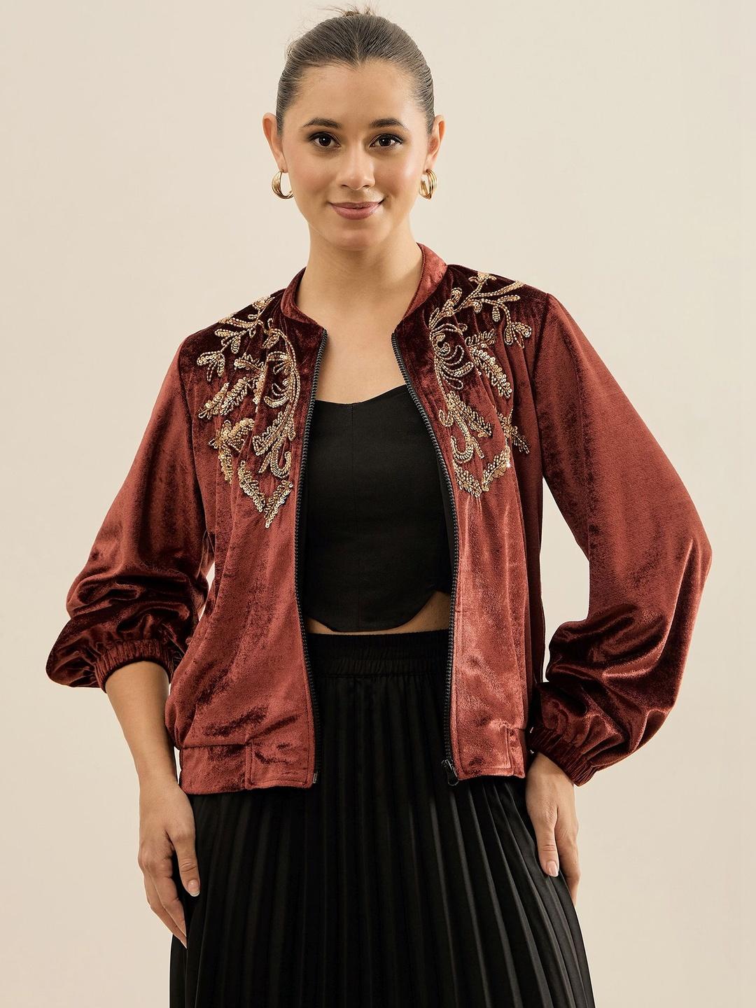 Buy Antheaa Women Velvet Floral Bomber Embellished Jacket - Jackets for ...