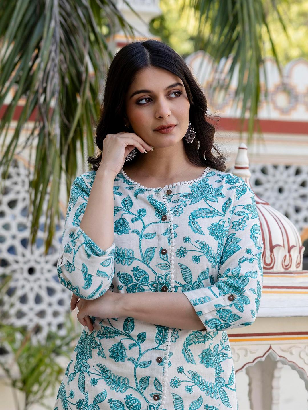Buy Pistaa Floral Printed Round Neck Pure Cotton A Line Kurta With ...