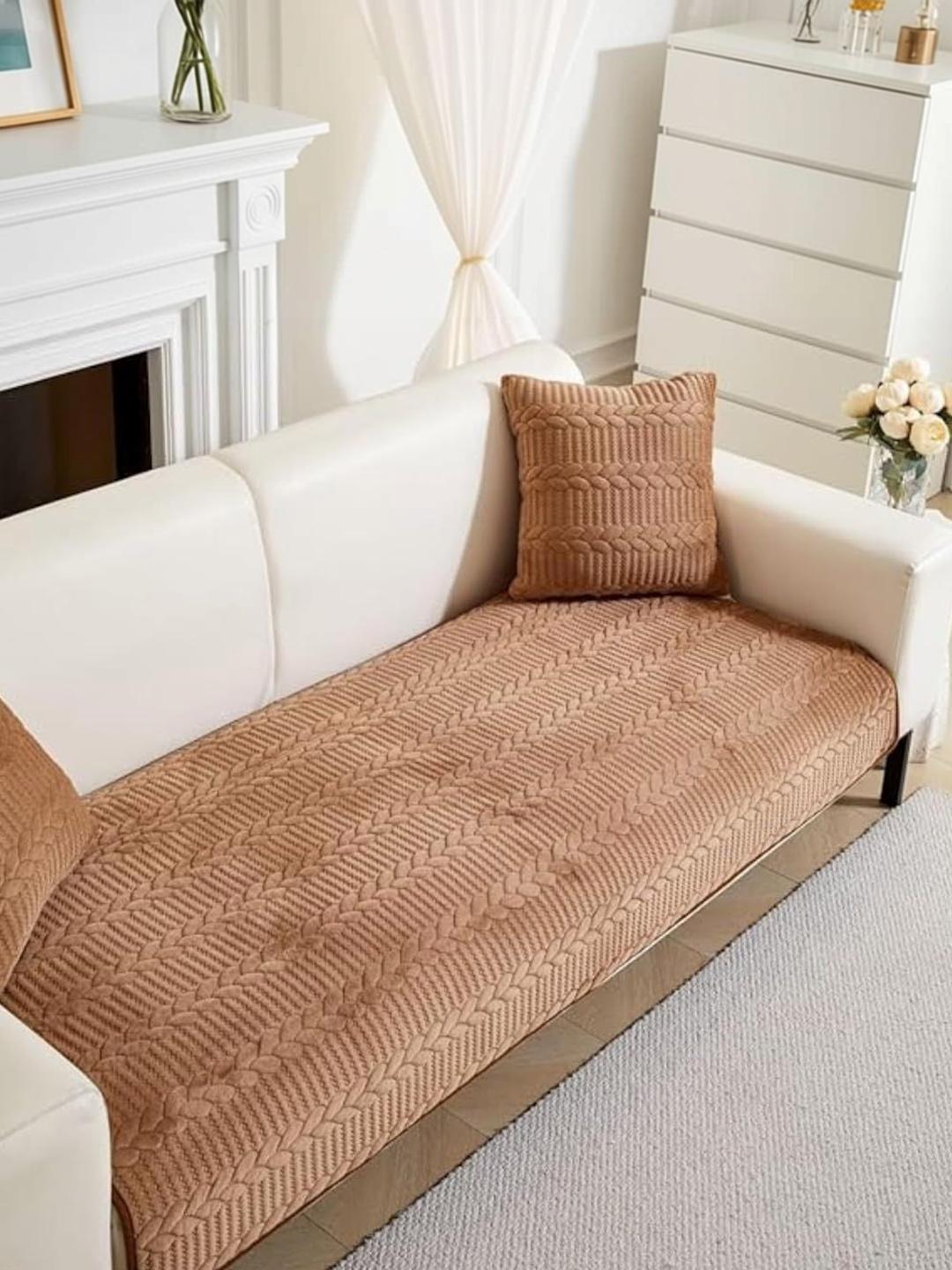Buy HOMETHREADS Brown Embroidered Sofa Cover - Sofa Covers for Unisex ...