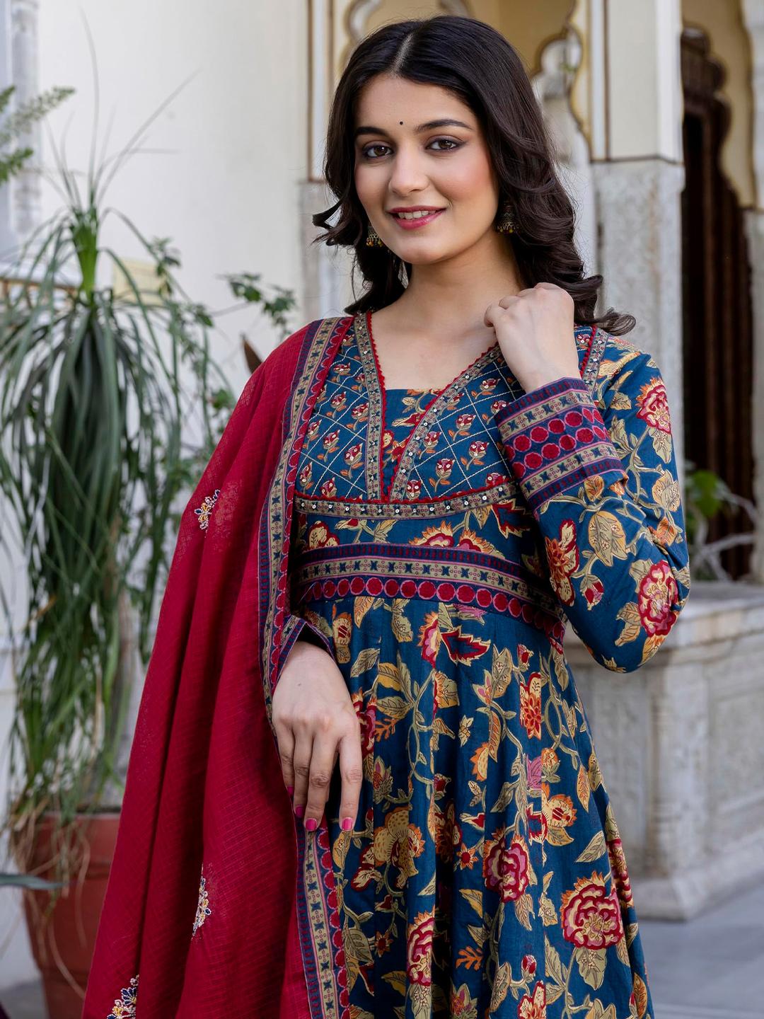 Buy Pistaa Floral Printed V Neck Sequinned Pure Cotton Anarkali Kurta ...