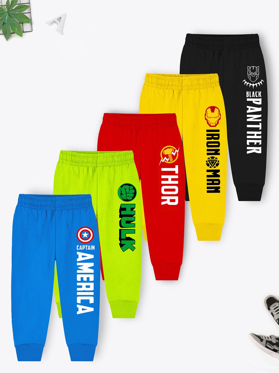 Buy YK Marvel Boys Pack Of 5 Typography Printed Cotton Joggers - Track ...