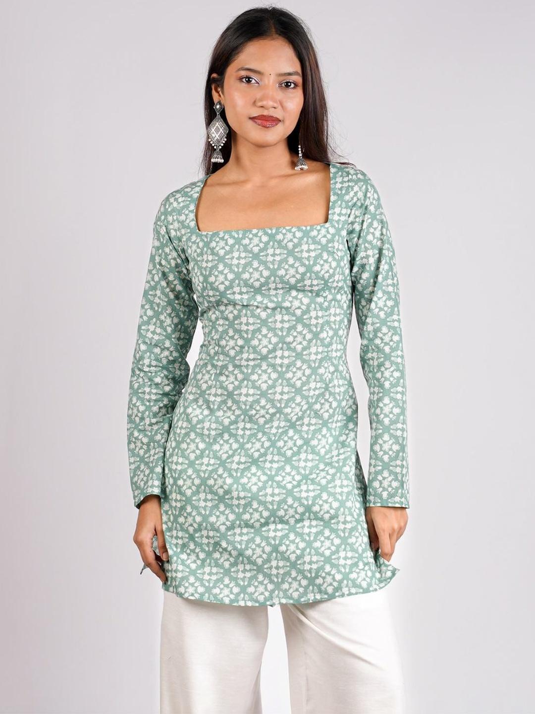 Buy NISHORAMA Geometric Printed Square Neck Pure Cotton Kurti - Kurtis ...