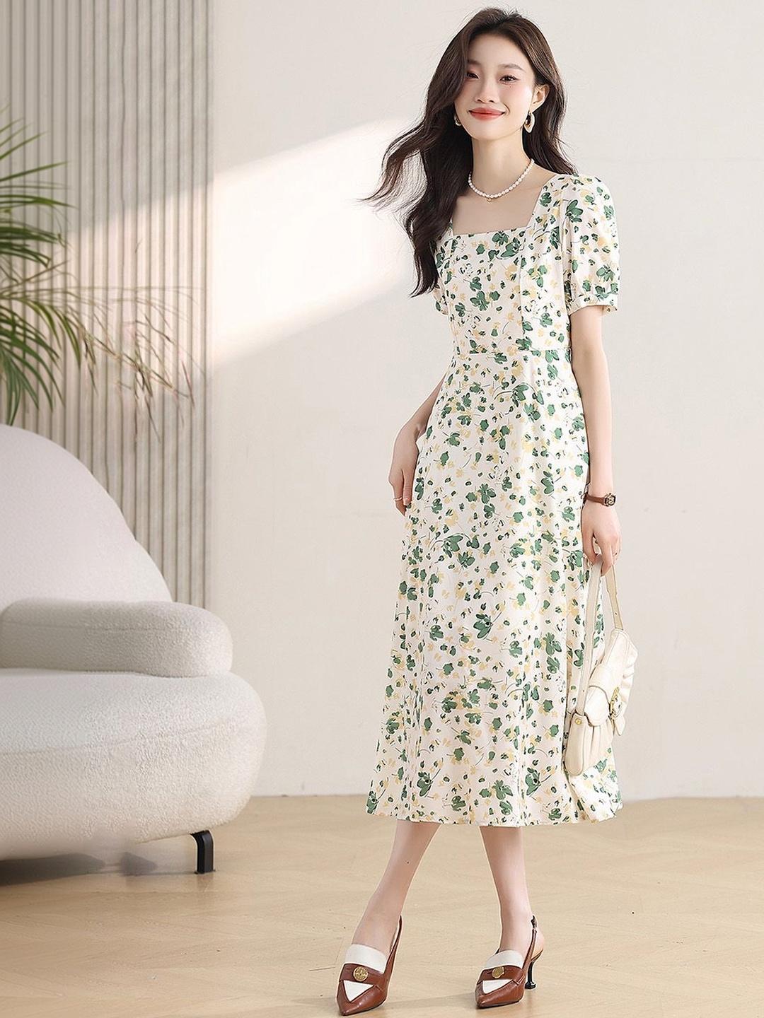Buy JC Mode Floral Print Puff Sleeve A Line Midi Dress - Dresses for ...