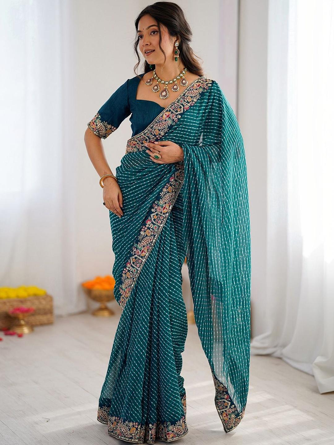 Buy Satrani Ethnic Motifs Embroidered Pure Georgette Heavy Work Saree ...