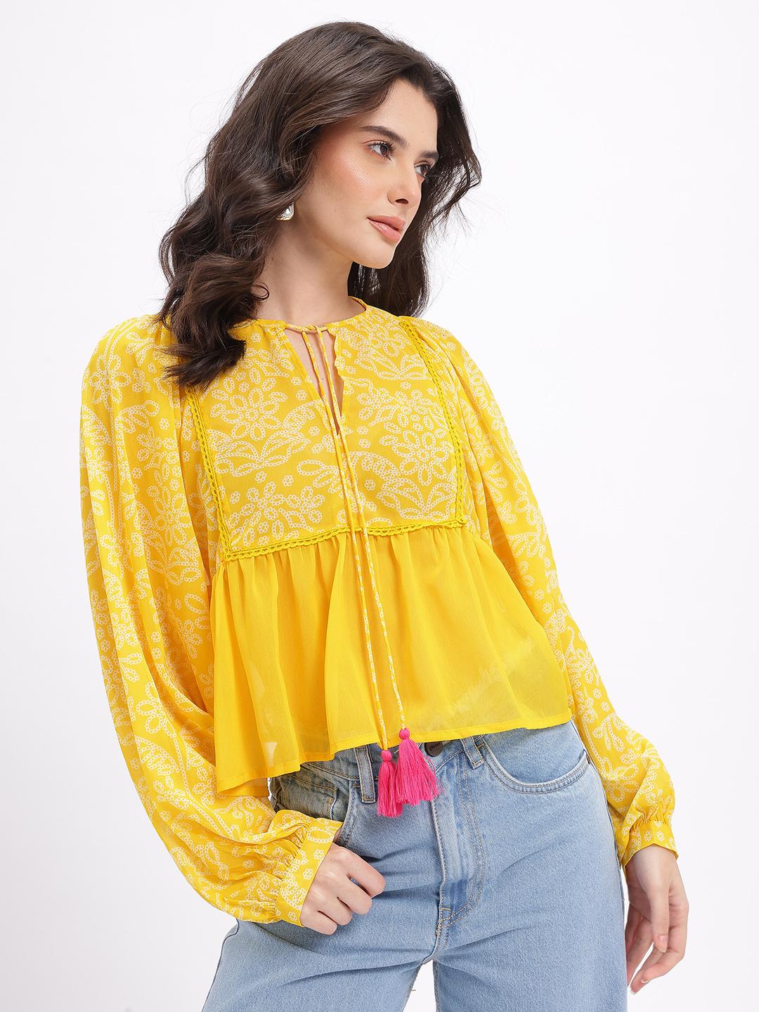 Buy Fusion By Glitchez Ethnic Motifs Printed Tie Up Neck Puff Sleeve ...