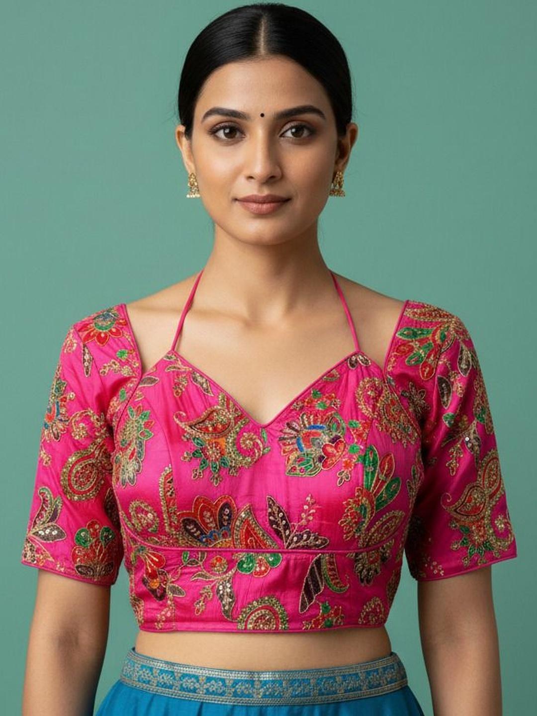 Buy HERE&NOW Embroidered Cotton Halter Neck Short Sleeves Saree Blouse ...