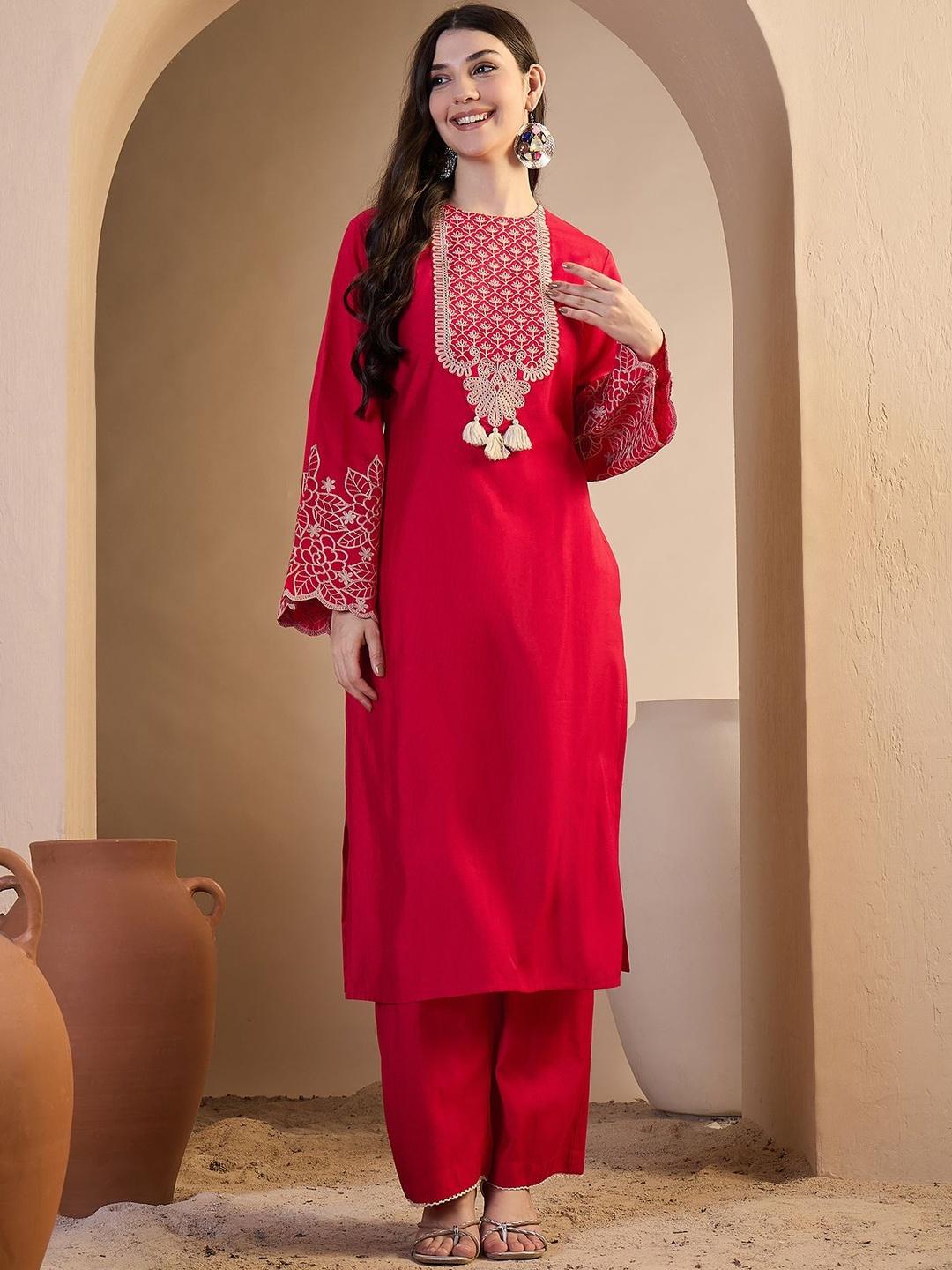 Buy Inddus Women Floral Thread Embroidered Yoke Design Kurta Set ...