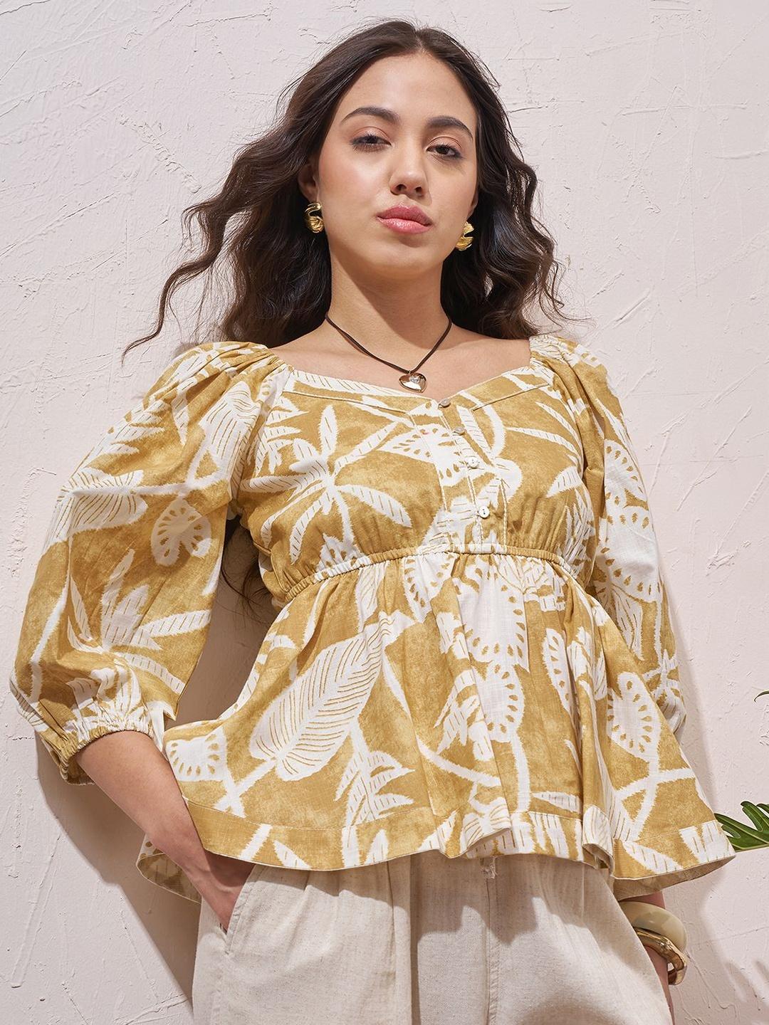 Buy Vara By Vishudh Tropical Print Puff Sleeve Tropical Cotton Peplum ...