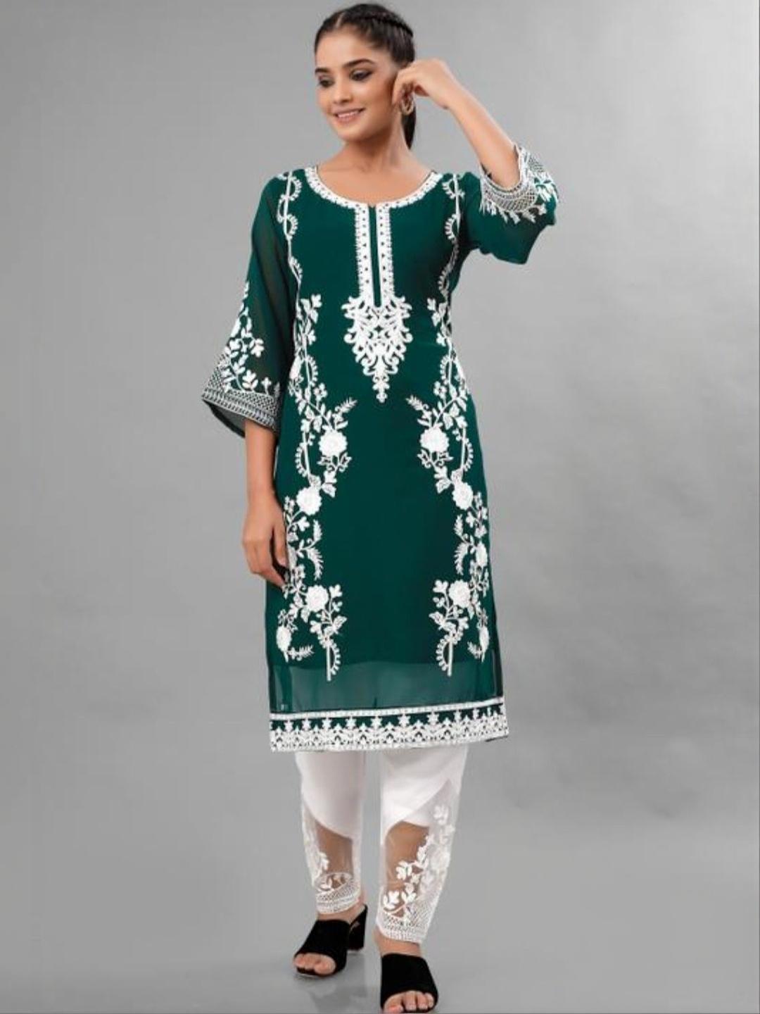 Buy Snizvi Women Floral Embroidered Regular Thread Work Kurta With ...
