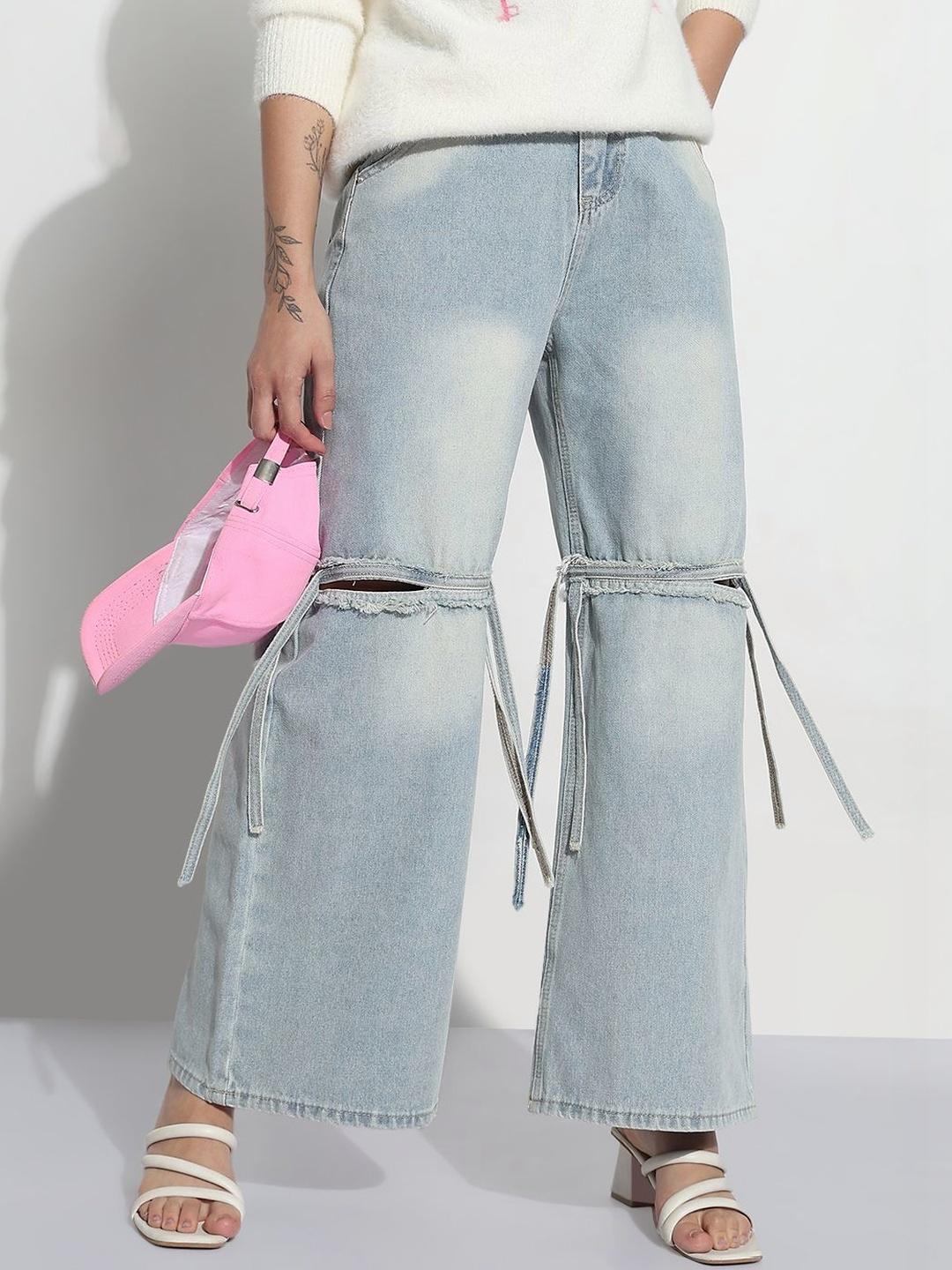 Buy SHOWOFFFF Women Comfort Wide Leg High Rise Mildly Distressed Heavy ...