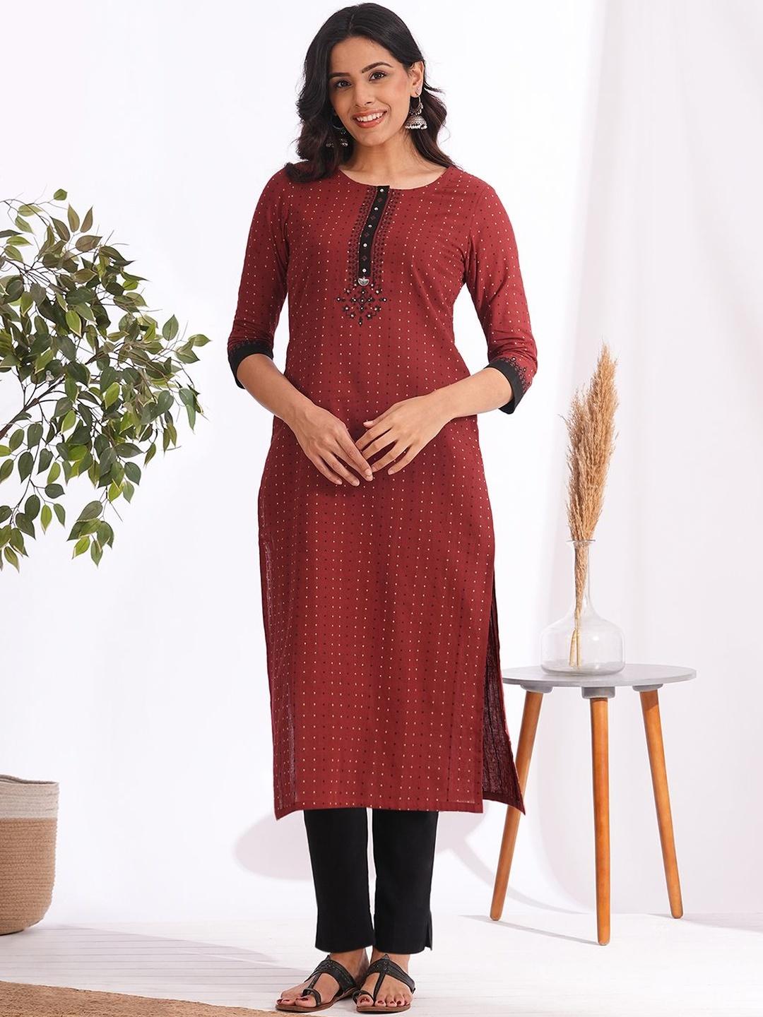 Buy KAMI KUBI Women Ethnic Motifs Printed Mirror Work Jacquard Kurta ...