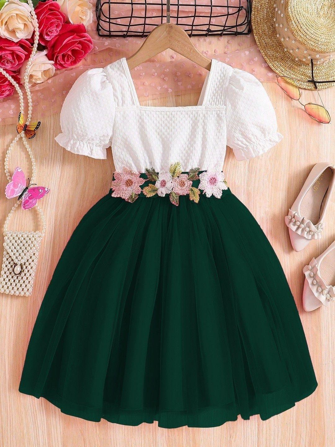 Buy Miss & Chief Floral Embroidered Puff Sleeve Net A Line Dress ...