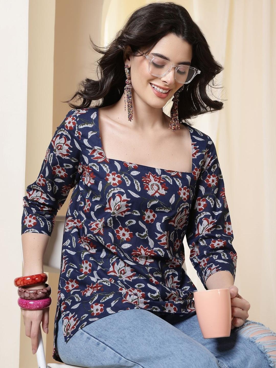 Buy Anouk Rustic Floral Printed Square Neck Pure Cotton Kurti - Kurtis ...