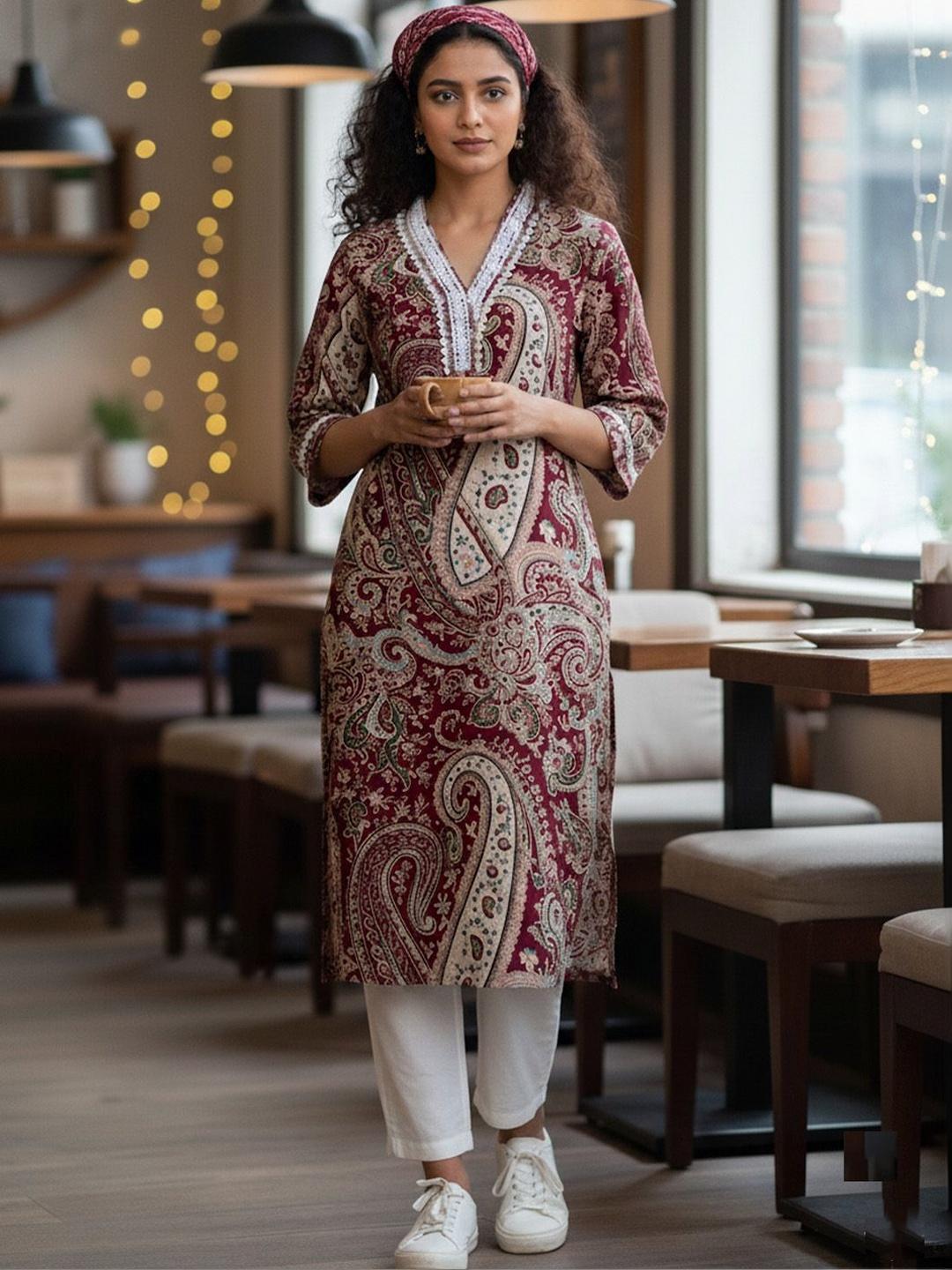 Buy Varanga Women Paisley Printed Bell Sleeves Indie Prints Kurta ...