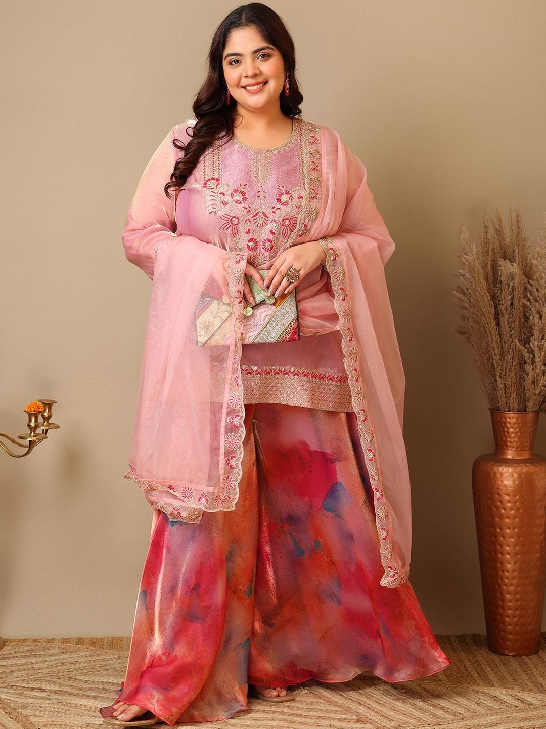 Buy INDDUS PLUS Plus Size Women Zari Thread Embroidered Crushed Organza ...