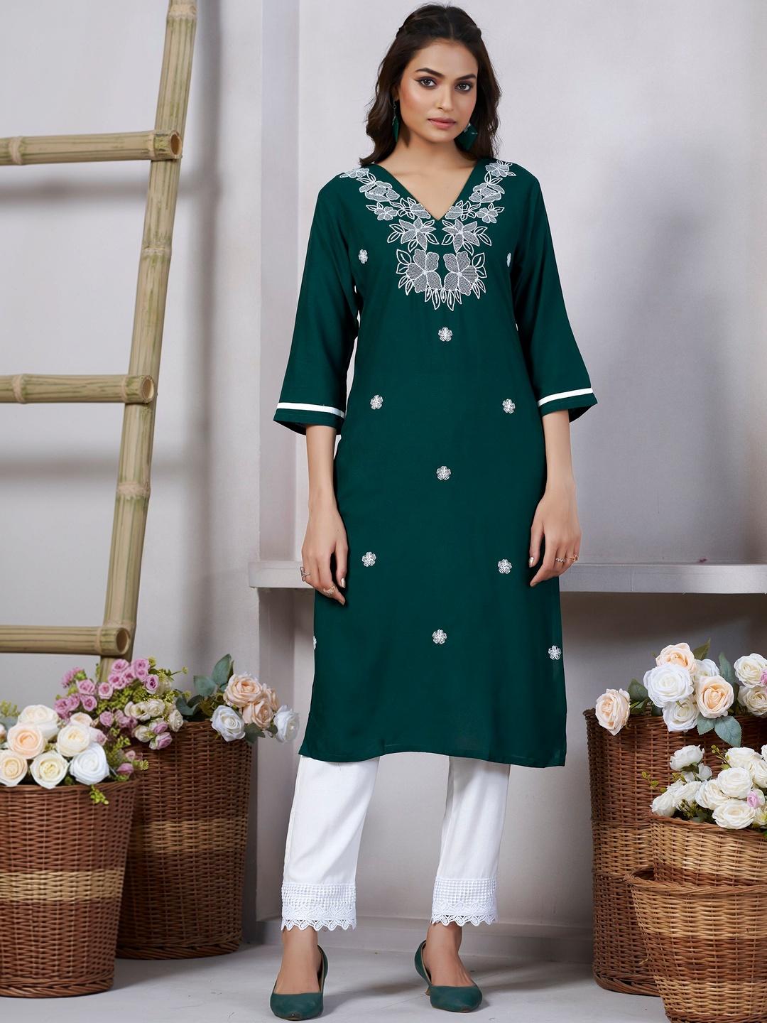 Buy Fashion2wear Floral Embroidered V Neck Thread Work Thread Work ...