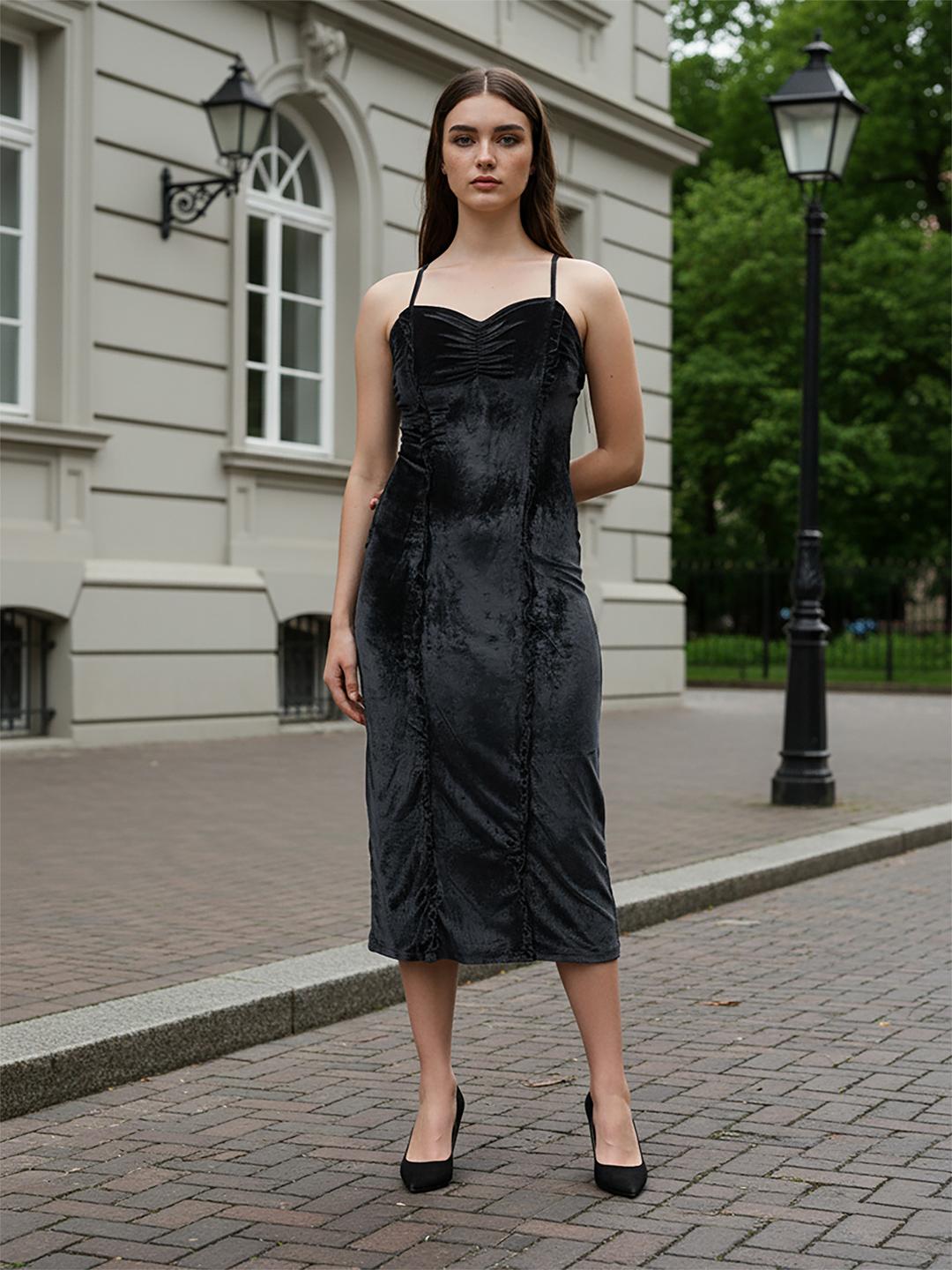 Buy Freehand By The Indian Garage Co Ruffled Velvet Bodycon Midi Dress ...