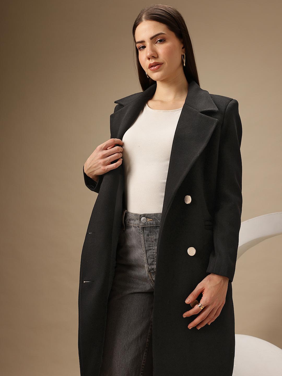 Buy Chemistry Notched Lapel Double Breasted Knee Length Overcoat ...