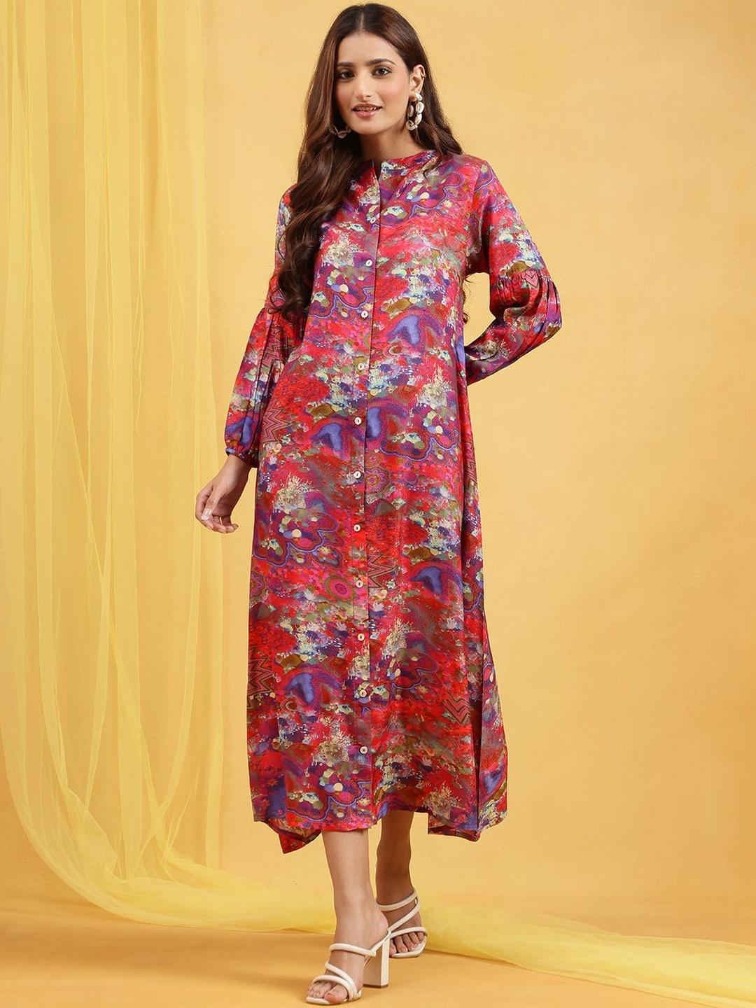 Buy Navyasa By Liva Print Puff Sleeve Liva Shirt Midi Dress - Dresses ...