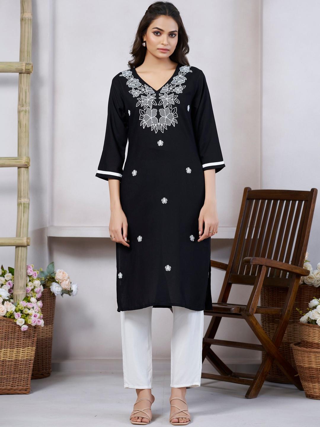 Buy KALINI Floral Embroidered V Neck Thread Work Thread Work Kurti ...