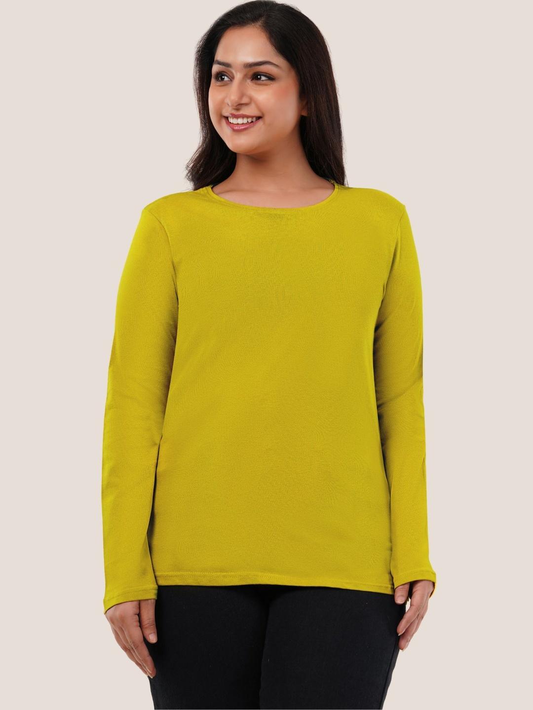 Buy GlamZei Women Mustard Yellow Solid Cotton Long Sleeve Round Neck ...